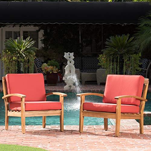 Christopher Knight Home Peyton Outdoor Wooden Club Chairs with Cushions, 2-Pcs Set, Teak Finish / Red