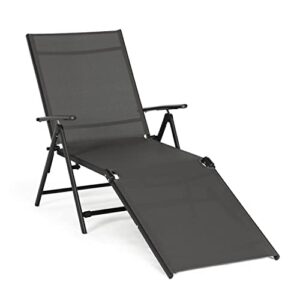 jomeed chaise outdoor reclining adjustable folding lightweight beach patio lounge chair with 7 back reclining and 2 leg positions, gray