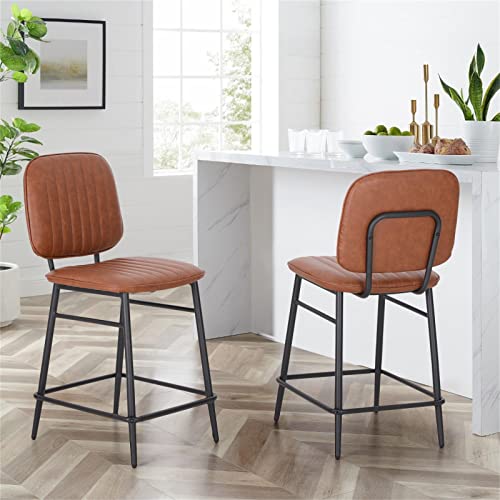 Sophia & William Bar Stools Set of 2 Counter Height Bar Stools with Back, Modern PU Leather Upholstered Indoor Outdoor Metal Bar Chairs for Kitchen Dining,300lbs,Brown