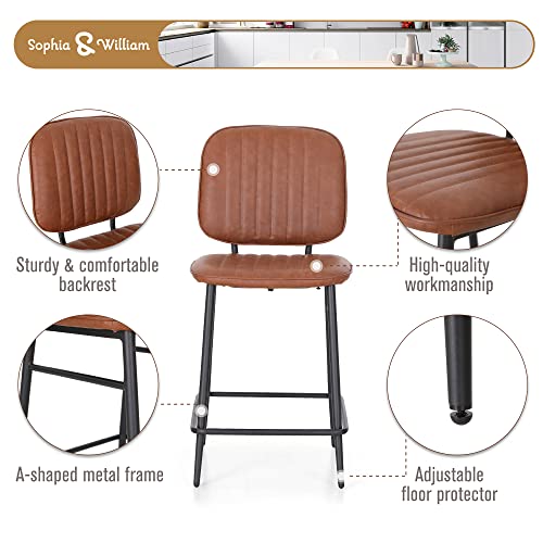 Sophia & William Bar Stools Set of 2 Counter Height Bar Stools with Back, Modern PU Leather Upholstered Indoor Outdoor Metal Bar Chairs for Kitchen Dining,300lbs,Brown