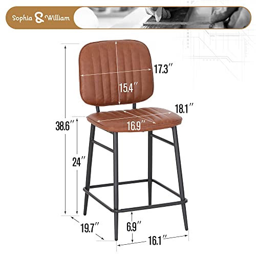 Sophia & William Bar Stools Set of 2 Counter Height Bar Stools with Back, Modern PU Leather Upholstered Indoor Outdoor Metal Bar Chairs for Kitchen Dining,300lbs,Brown