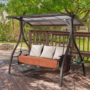 Patio Tree 3 Person Outdoor Porch Swing Deluxe Patio Hammock Swing Glider Bench with LED, Adjustable Hardtop Canopy and Sunbrella Pillows