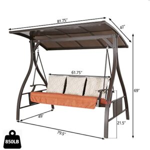 Patio Tree 3 Person Outdoor Porch Swing Deluxe Patio Hammock Swing Glider Bench with LED, Adjustable Hardtop Canopy and Sunbrella Pillows