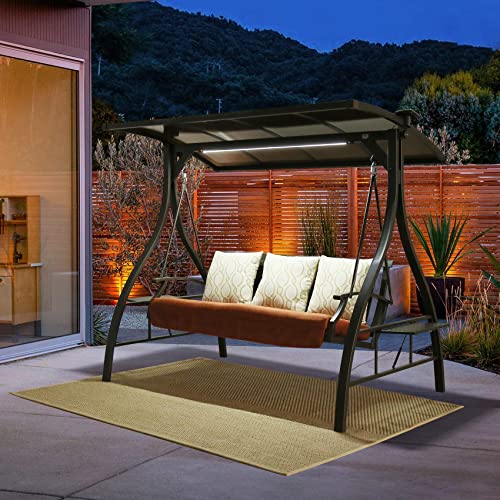 Patio Tree 3 Person Outdoor Porch Swing Deluxe Patio Hammock Swing Glider Bench with LED, Adjustable Hardtop Canopy and Sunbrella Pillows