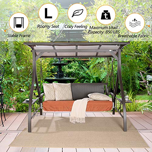 Patio Tree 3 Person Outdoor Porch Swing Deluxe Patio Hammock Swing Glider Bench with LED, Adjustable Hardtop Canopy and Sunbrella Pillows