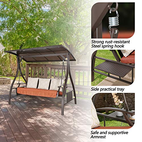 Patio Tree 3 Person Outdoor Porch Swing Deluxe Patio Hammock Swing Glider Bench with LED, Adjustable Hardtop Canopy and Sunbrella Pillows