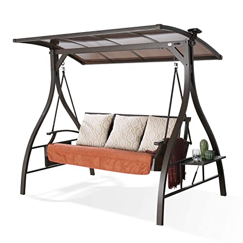 Patio Tree 3 Person Outdoor Porch Swing Deluxe Patio Hammock Swing Glider Bench with LED, Adjustable Hardtop Canopy and Sunbrella Pillows