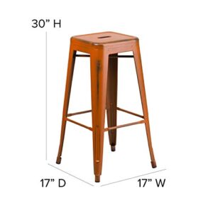 EMMA + OLIVER Commercial Grade 30" H Backless Distressed Orange Metal Indoor-Outdoor Barstool