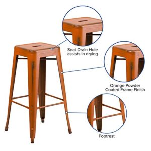 EMMA + OLIVER Commercial Grade 30" H Backless Distressed Orange Metal Indoor-Outdoor Barstool