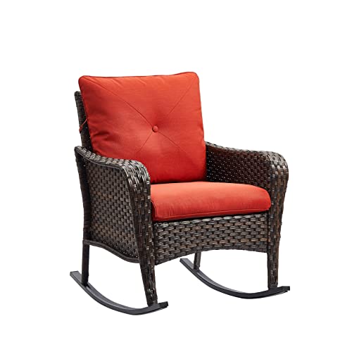 Outdoor Wicker Rocking Chair, PE Rattan Patio Rocker Chairs with Padded Cushions,Porch Chairs Wicker Patio Furniture for Garden, Patio, and Backyard,Red