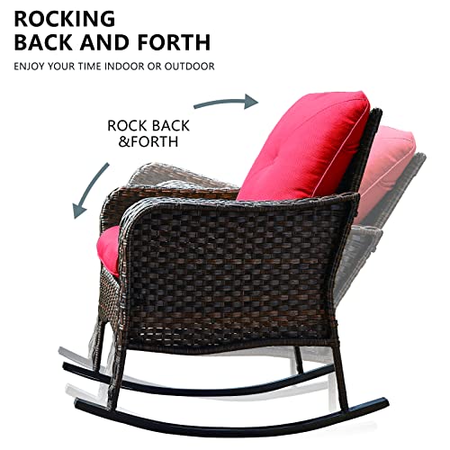 Outdoor Wicker Rocking Chair, PE Rattan Patio Rocker Chairs with Padded Cushions,Porch Chairs Wicker Patio Furniture for Garden, Patio, and Backyard,Red