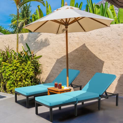 ECOTOUGE Patio Rattan Reclining Chaise Lounge Chair Set of 2, 5-Position Adjustable Heavy-Duty Wicker Chaise Lounge w/Backrest and Thick Zippered Cushion for Outside Poolside Garden Yard, Blue