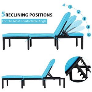 ECOTOUGE Patio Rattan Reclining Chaise Lounge Chair Set of 2, 5-Position Adjustable Heavy-Duty Wicker Chaise Lounge w/Backrest and Thick Zippered Cushion for Outside Poolside Garden Yard, Blue