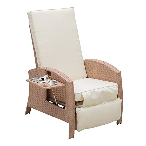 Outsunny Patio Recliner, Outdoor Reclining Chair with Flip-Up Side Table, All-Weather Wicker Metal Frame Chaise with Footrest, Cushions, Beige