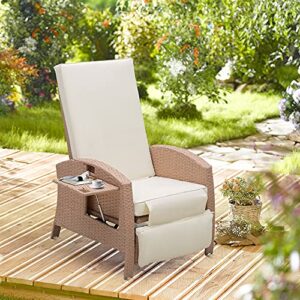 Outsunny Patio Recliner, Outdoor Reclining Chair with Flip-Up Side Table, All-Weather Wicker Metal Frame Chaise with Footrest, Cushions, Beige