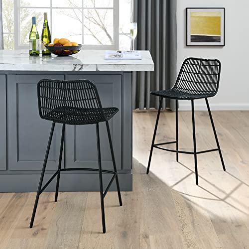 HABITRIO Counter Height Bar Stools Set of 2, Rattan Bar Chairs Bistro Stools with Steel Legs and Footrest, Black, Seat Height 25"