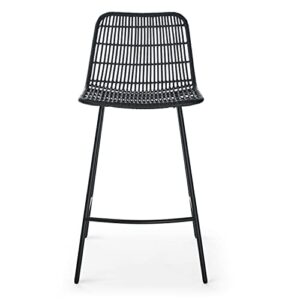 HABITRIO Counter Height Bar Stools Set of 2, Rattan Bar Chairs Bistro Stools with Steel Legs and Footrest, Black, Seat Height 25"