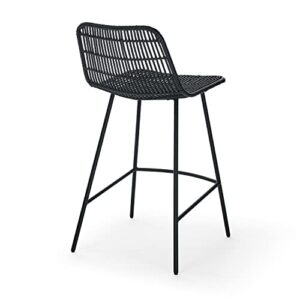 HABITRIO Counter Height Bar Stools Set of 2, Rattan Bar Chairs Bistro Stools with Steel Legs and Footrest, Black, Seat Height 25"