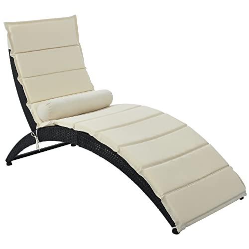 Merax Patio Chaise Lounge Chair, Outdoor Rattan Foldable Chaise Lounger with Cushions & Bolster Pillow, Patio PE Wicker Sun Lounger for Poolside, Lawn and Garden (Beige Chaise (Single))