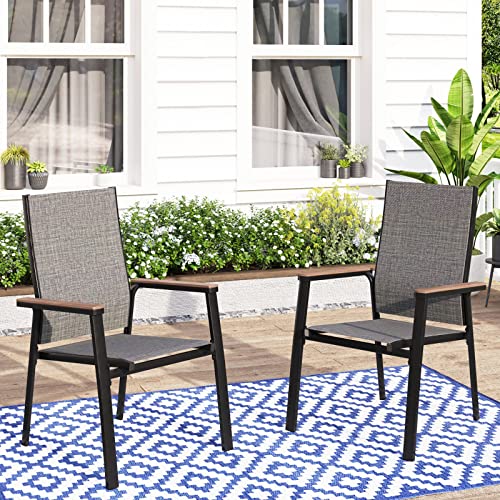 MFSTUDIO 2 PCS Aluminium Patio Dining Chairs Set,Textilene Outdoor Stackable Chairs with Wooden Armest for Garden, Poolside, Backyard,Grey