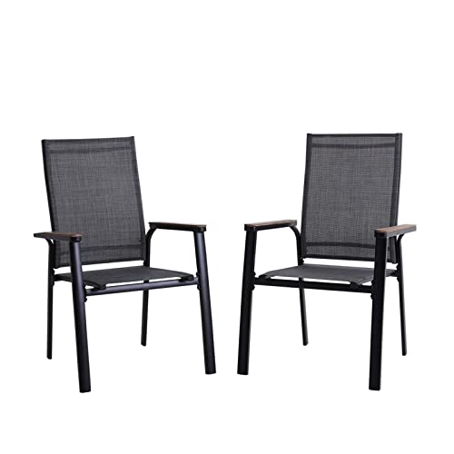 MFSTUDIO 2 PCS Aluminium Patio Dining Chairs Set,Textilene Outdoor Stackable Chairs with Wooden Armest for Garden, Poolside, Backyard,Grey