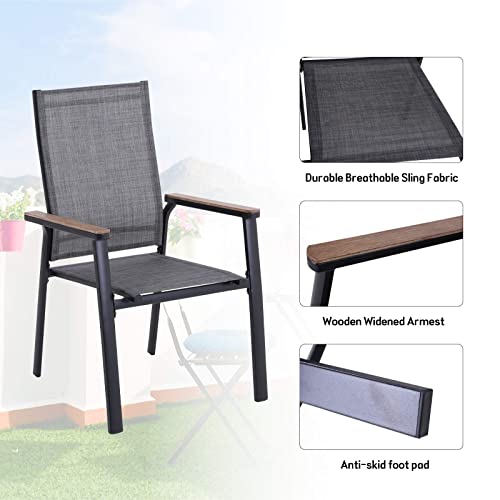 MFSTUDIO 2 PCS Aluminium Patio Dining Chairs Set,Textilene Outdoor Stackable Chairs with Wooden Armest for Garden, Poolside, Backyard,Grey