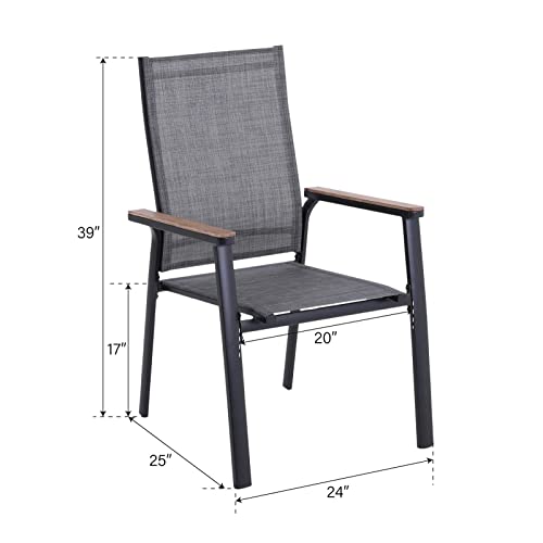 MFSTUDIO 2 PCS Aluminium Patio Dining Chairs Set,Textilene Outdoor Stackable Chairs with Wooden Armest for Garden, Poolside, Backyard,Grey