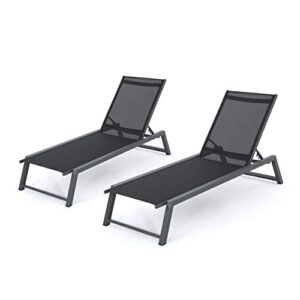 christopher knight home myers outdoor mesh chaise lounges with aluminum frame, 2-pcs set, black mesh / grey