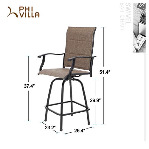 PHI VILLA Outdoor Swivel Bar Stool Set of 2 Patio Bar Chair Padded Textilene for Bistro Lawn All Weather Furniture Set, Brown