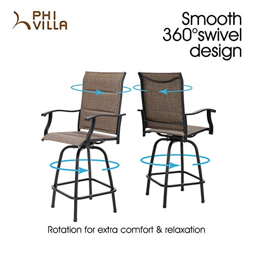 PHI VILLA Outdoor Swivel Bar Stool Set of 2 Patio Bar Chair Padded Textilene for Bistro Lawn All Weather Furniture Set, Brown