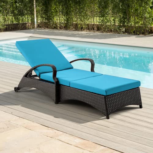 RYNSTO Patio Chaise Lounge 2 Sets with 5 Backrest Angles, Single Adjustable Patio Wicker Lounge Chair with Water Repellent Cushion and Wheels for Poolside Backyard Deck Porch Garden, Blue