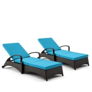 RYNSTO Patio Chaise Lounge 2 Sets with 5 Backrest Angles, Single Adjustable Patio Wicker Lounge Chair with Water Repellent Cushion and Wheels for Poolside Backyard Deck Porch Garden, Blue