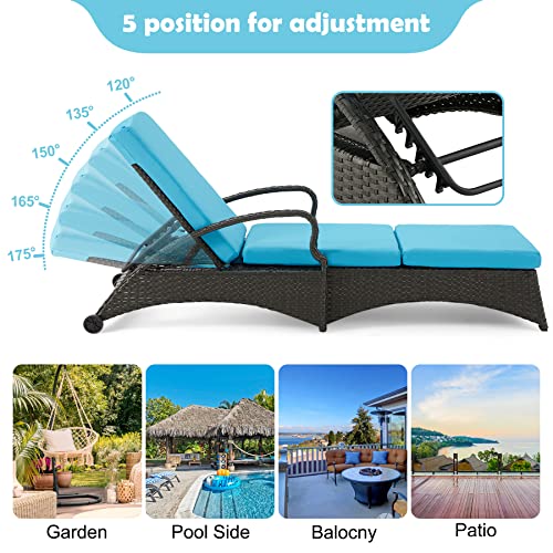 RYNSTO Patio Chaise Lounge 2 Sets with 5 Backrest Angles, Single Adjustable Patio Wicker Lounge Chair with Water Repellent Cushion and Wheels for Poolside Backyard Deck Porch Garden, Blue