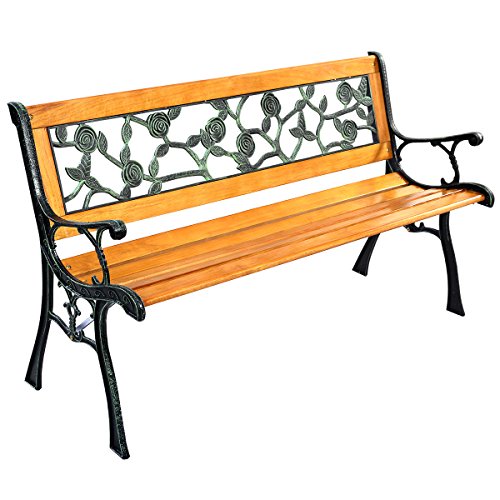 Tangkula Outdoor Garden Bench Park Bench, Patio Iron Bench Chair with Cast Iron & Hardwood Structure, Weather Proof Porch Loveseat, Perfect for Backyard, Deck, Lawn, Poolside