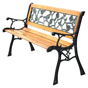 Tangkula Outdoor Garden Bench Park Bench, Patio Iron Bench Chair with Cast Iron & Hardwood Structure, Weather Proof Porch Loveseat, Perfect for Backyard, Deck, Lawn, Poolside