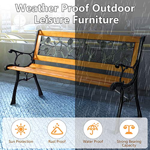 Tangkula Outdoor Garden Bench Park Bench, Patio Iron Bench Chair with Cast Iron & Hardwood Structure, Weather Proof Porch Loveseat, Perfect for Backyard, Deck, Lawn, Poolside