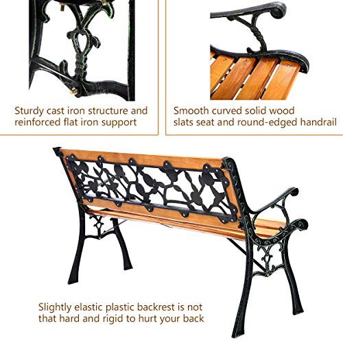 Tangkula Outdoor Garden Bench Park Bench, Patio Iron Bench Chair with Cast Iron & Hardwood Structure, Weather Proof Porch Loveseat, Perfect for Backyard, Deck, Lawn, Poolside