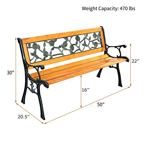 Tangkula Outdoor Garden Bench Park Bench, Patio Iron Bench Chair with Cast Iron & Hardwood Structure, Weather Proof Porch Loveseat, Perfect for Backyard, Deck, Lawn, Poolside