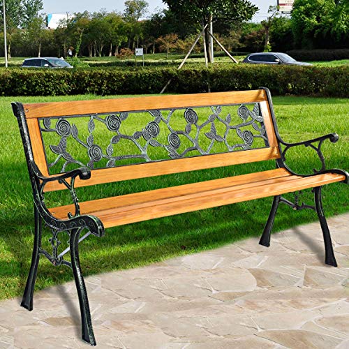 Tangkula Outdoor Garden Bench Park Bench, Patio Iron Bench Chair with Cast Iron & Hardwood Structure, Weather Proof Porch Loveseat, Perfect for Backyard, Deck, Lawn, Poolside