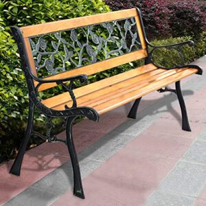 Tangkula Outdoor Garden Bench Park Bench, Patio Iron Bench Chair with Cast Iron & Hardwood Structure, Weather Proof Porch Loveseat, Perfect for Backyard, Deck, Lawn, Poolside