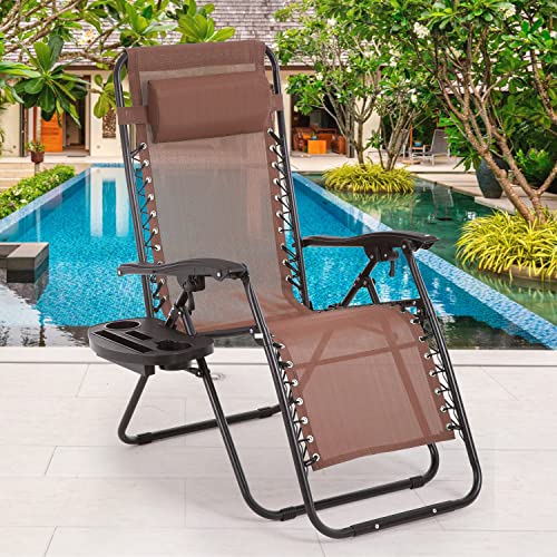 BSTOPHKL Zero Gravity Chair Outdoor Zero Gravity Folding Reclining Lounge Chair,1 Pack Adjustable Patio Lawn Lounge Chairs with Pillows and Cup Holder for Poolside/Backyard/Lawn/Camping (Brown)