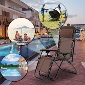 BSTOPHKL Zero Gravity Chair Outdoor Zero Gravity Folding Reclining Lounge Chair,1 Pack Adjustable Patio Lawn Lounge Chairs with Pillows and Cup Holder for Poolside/Backyard/Lawn/Camping (Brown)