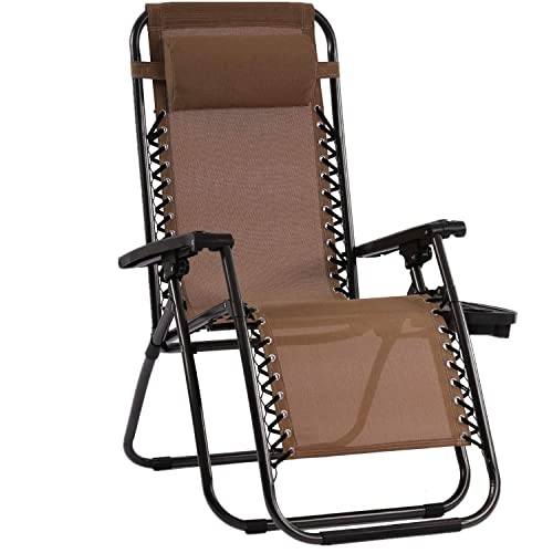 BSTOPHKL Zero Gravity Chair Outdoor Zero Gravity Folding Reclining Lounge Chair,1 Pack Adjustable Patio Lawn Lounge Chairs with Pillows and Cup Holder for Poolside/Backyard/Lawn/Camping (Brown)