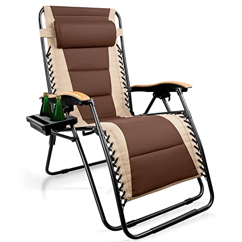 FREE SOLDIER Oversized XL Padded Adjustable Reclining Folding Chair with Cup Holder 400lb Capacity Gravity Chairs Anti Gravity Chairs Zero Gravity Chairs (Brown)