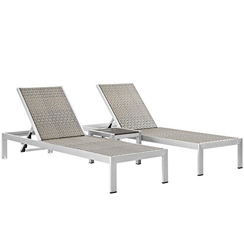 Modway Shore Aluminum and Rattan Outdoor Patio Two Lounge Chaise and Side Table in Silver Gray