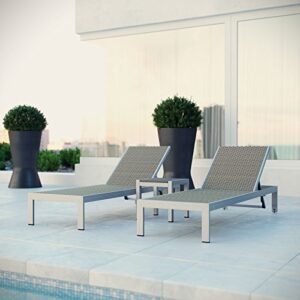 Modway Shore Aluminum and Rattan Outdoor Patio Two Lounge Chaise and Side Table in Silver Gray