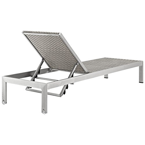 Modway Shore Aluminum and Rattan Outdoor Patio Two Lounge Chaise and Side Table in Silver Gray