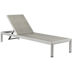 Modway Shore Aluminum and Rattan Outdoor Patio Two Lounge Chaise and Side Table in Silver Gray