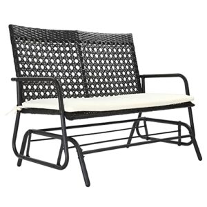 outsunny 2-person outdoor glider bench, handwoven pe plastic rattan furniture, cushioned rocking chair loveseat for backyard garden porch, brown