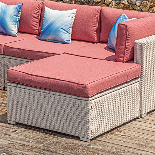 COSIEST Outdoor Furniture Add-on Ottoman for Expanding Wicker Sectional Sofa Thick Cushion for Garden, Pool, Backyard (Red)